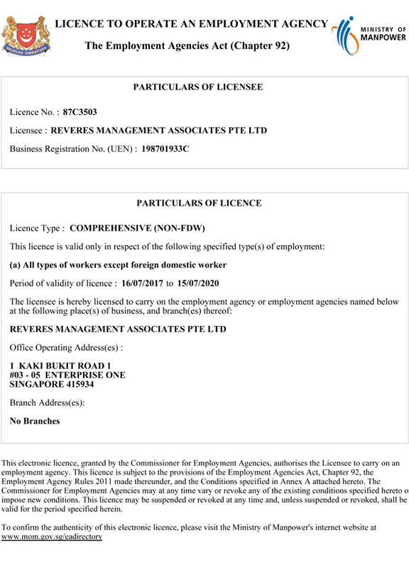 Awards & Certifications – Reveres Management Associates Pte Ltd